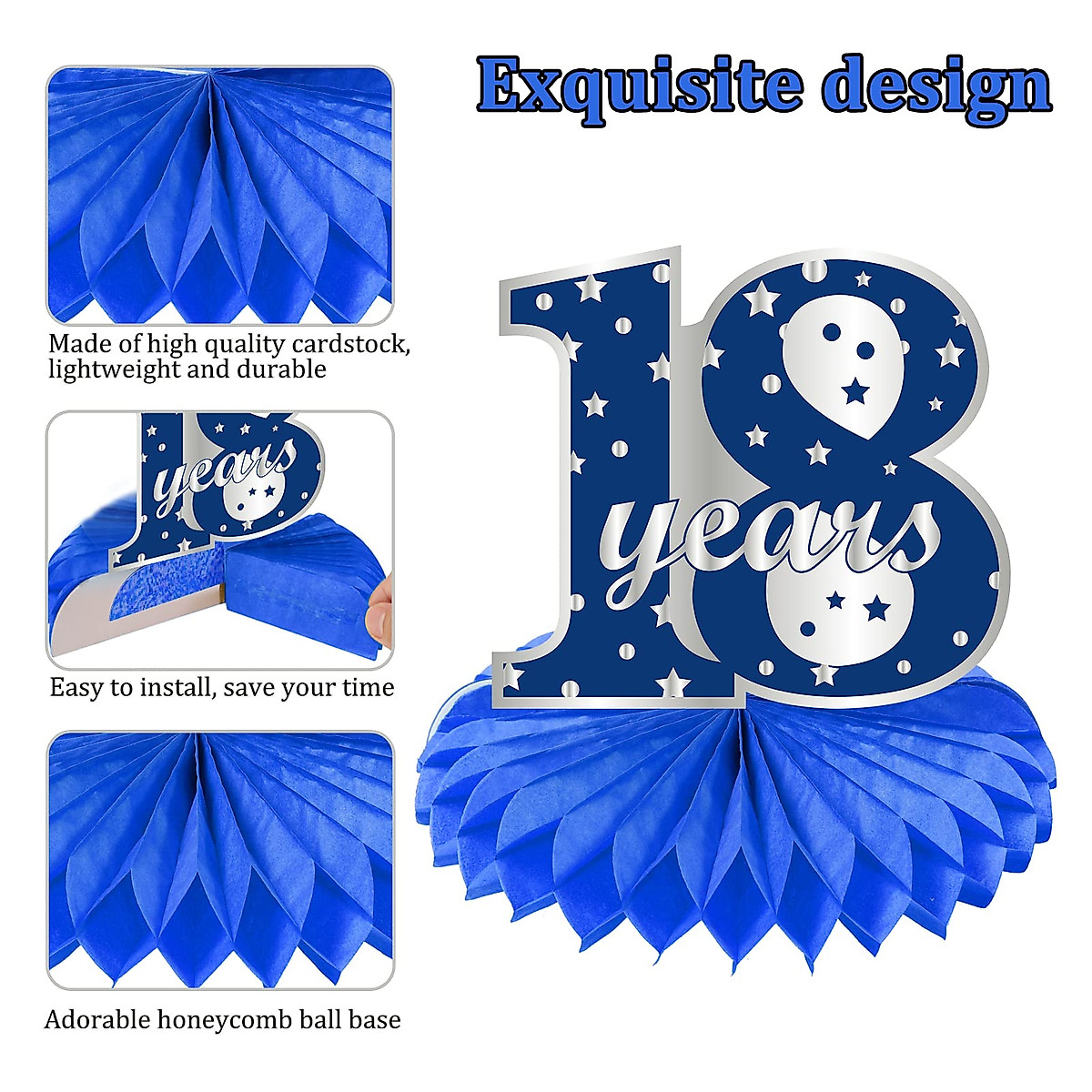 Kauayurk 8Pcs 18th Birthday Decorations Table Centerpiece Party Supplies, Blue Silver Happy 18 Year Old Birthday Honeycomb Centerpieces, Eighteen Birthday Table Topper Decor