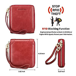 MANBANG RFID Wallets for women Genuine Leather Zipper Purses Secure Large Capacity Multi-card Wallets Clutch Travel Wristlet (Red)