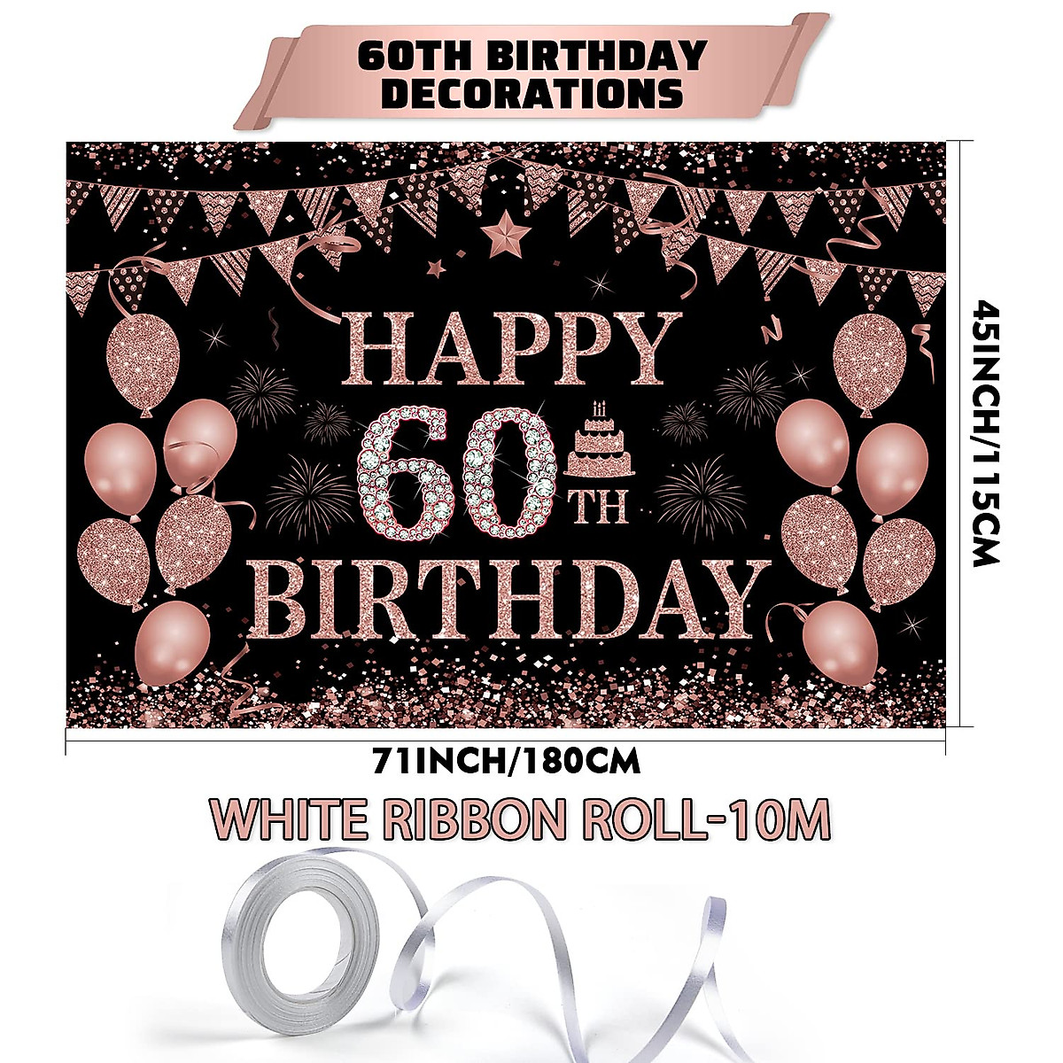 60th Birthday Decorations for Women - Happy 60th Birthday Banner Party decorations Cheers to 60 Years Birthday Party Suppiles Rose Gold Backdrop for 60th Birthday Decor (71 x 45 inch)