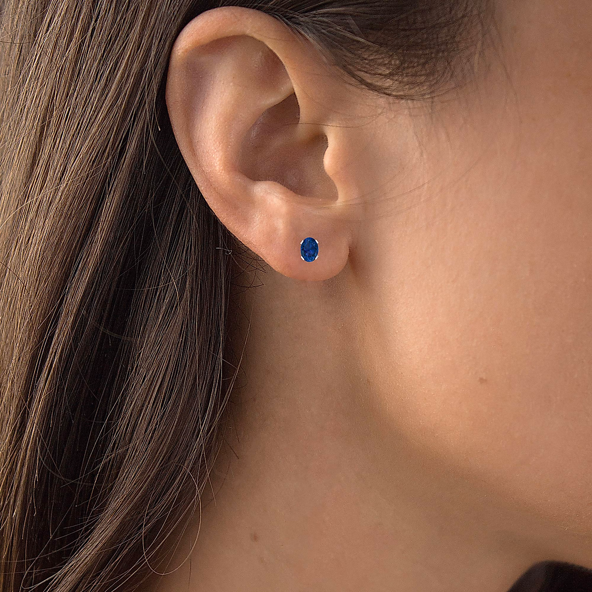 Genuine 10K Solid White Gold 7x5mm Oval Created Blue Sapphire September Birthstone Stud Earrings