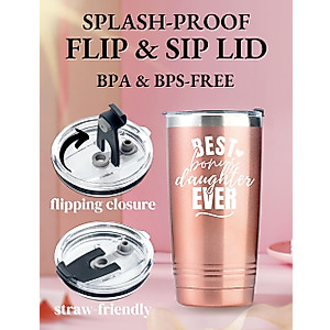 Onebttl Bonus Daughter Gift - 20oz Stainless Steel Travel Mug With Lid and Straw, Rose Gold - Best Bonus Daughter Ever for Birthday, Christmas or Thanksgiving