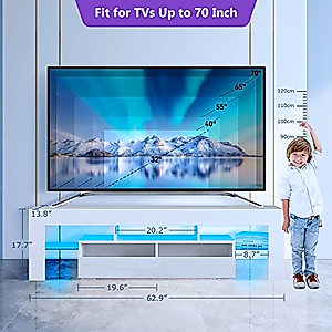 TV Stand with LED Lights for 60/65/70 Inch TV, Modern Gaming Entertainment Center, High Gloss Television Stands Media Console with Glass Shelves and 2 Drawers for Living Room, Bedroom, White