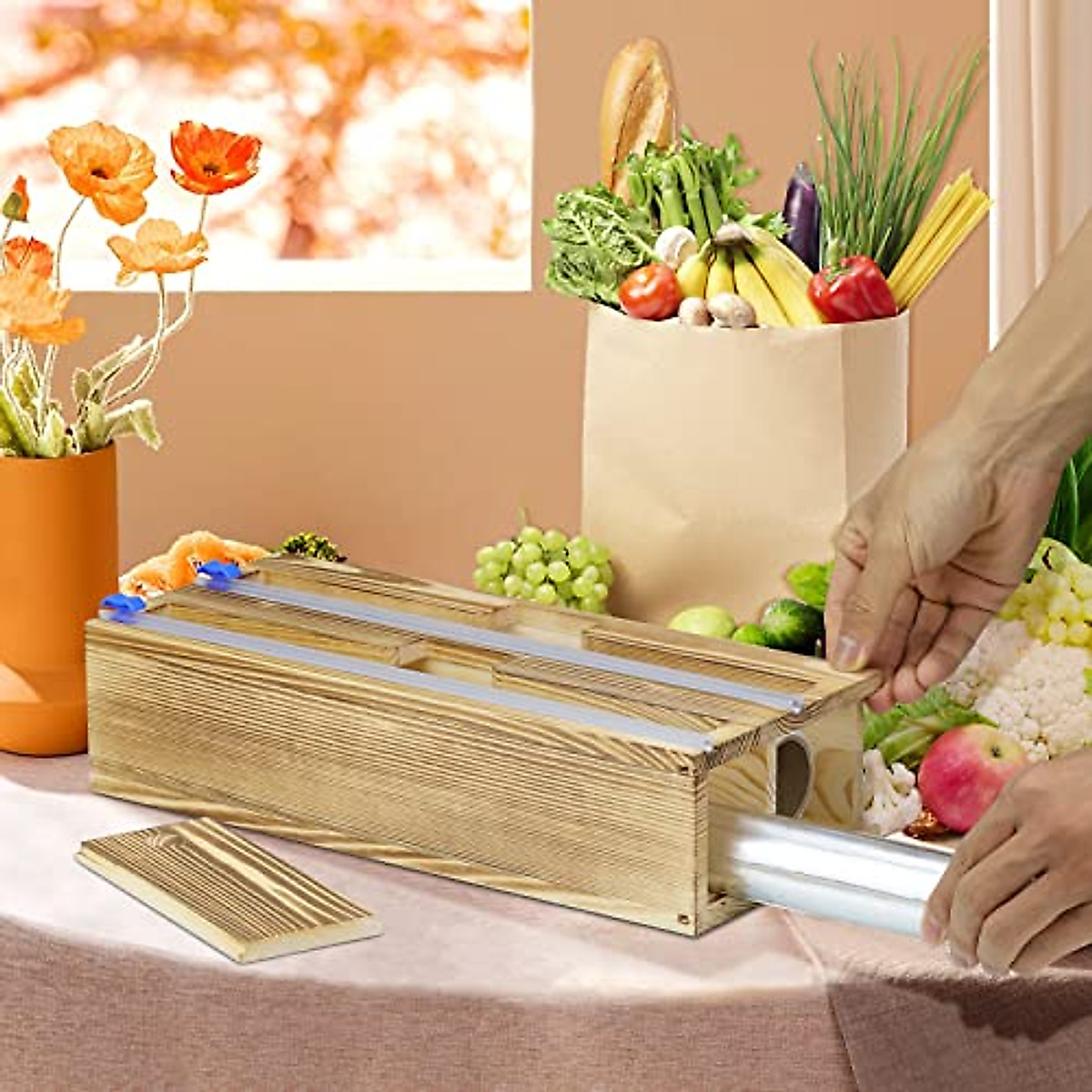 2 in 1 Wood Plastic Wrap Dispenser with Cutter, Foil Plastic Wrap Roll Organizer for Kitchen Drawer, Aluminum Foil, Wax Paper, Parchment, Saran Wrap Dispenser for Organization and Storage