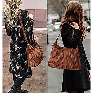 Leather Tote Bag for Women - Washed Leather Hand-Woven Shoulder Bag Hobo Crossbody Travel Handbag Ladies Purse Large Office Satchel