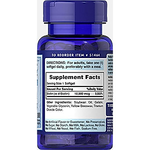 Puritan's Pride Biotin 10000 Mcg, Helps Promote Skin, Hair and Nail Health, Softgels 100 Count