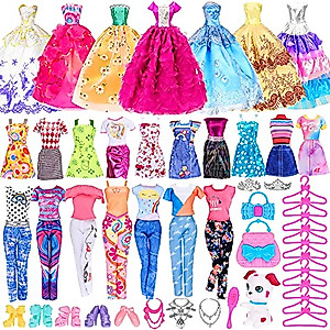 39 PCS Doll Clothes and Accessories Including 3 Wedding Gown Dresses, 5 Mini Dress, 3 Fashion Doll Clothes, 3 Blouses Pants, 1 Dog & 24 Accessories for 11.5 inch Fashion Girl Doll