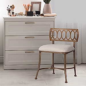 Hillsdale, Canal Street Metal Vanity Stool with Interlocking Oval Back Design for Makeup Room or Bathroom, Golden Bronze