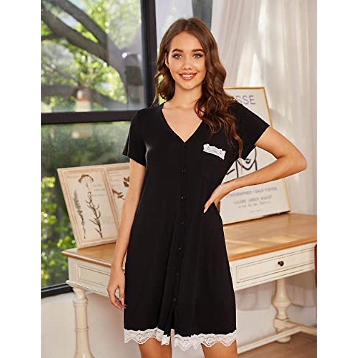 Ekouaer Night Gown Soft V Neck Dress Sleepwear Short Sleeve Button Up Nightgowns