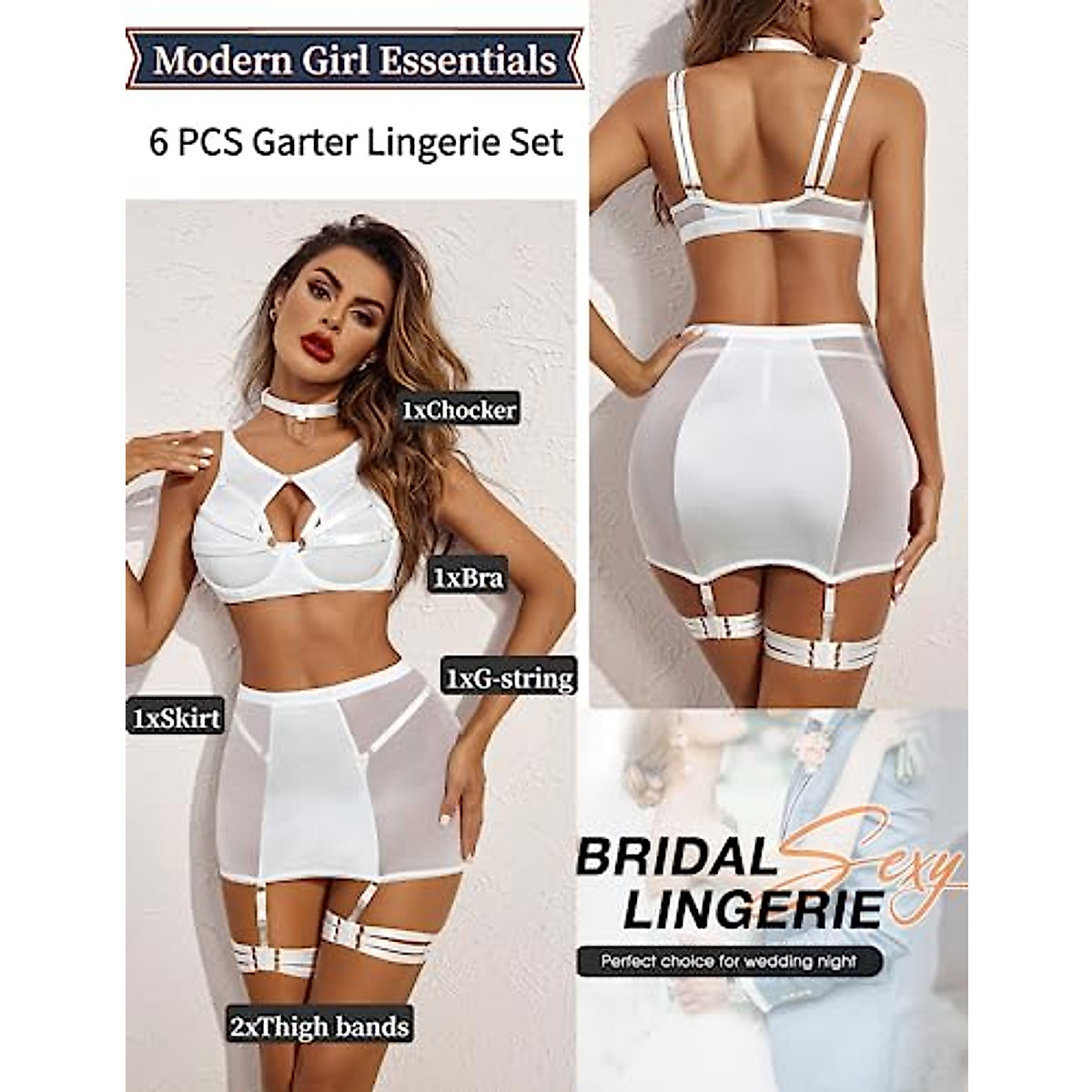 Avidlove Sexy Stripper Outfits Secy Lingerie Outfits Plus Size Lingerie for Women White Lingerie for Women Bridal Cutout Dresses for Women 6Pc Strappy Cutout Sheer Stretchy Lingerie Sets for Women Sex
