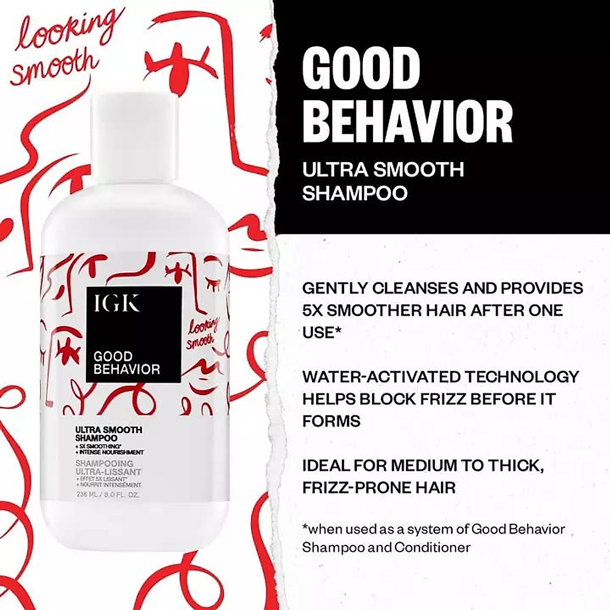 IGK GOOD BEHAVIOR Ultra Smooth Shampoo Liter | Frizz Control + Hydrates + Shine | Vegan + Cruelty Free | 33.8 Oz