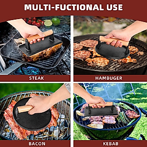 LWWTBS Burger Press Heavy-Duty Cast Iron Smashed Meat Steak Weight Grill Griddle Press (7" Round & 8.2"X4.3" Rectangle) with Wood Handle for Blackstone Griddle