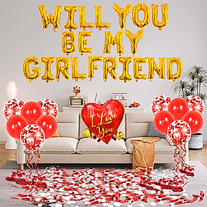Will You Be My Girlfriend Balloons - 16'' Alphabet Letters Foil Mylar Balloon, 18" Heart Shaped Balloon with 500 Pcs Artificial Rose and 100 Pcs White Petals for Valentine Anniversary Decorations