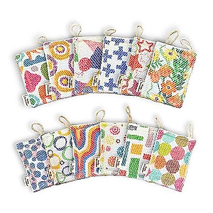 Premium Exfoliating Pad, Scrub, Body Scrubber, Dual-Sided with African Net/Cotton Flannel and Terry Cloth – Bath Shower Sponge-Gets You Clean, Not Just applying Soap – 24 Random Designs (2-Pack)