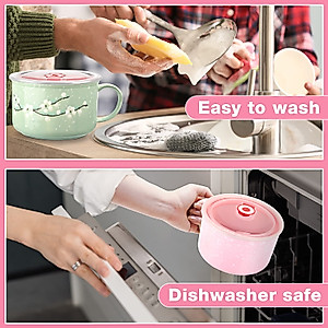 SEEWEY 2 Pcs Floral Ceramic Bowl with Lid and Handle 30 oz Soup Bowls Heat Preservation Instant Noodles Mug Soup Cup Microwavable Bowls for Ramen Noodle Cereal Travel