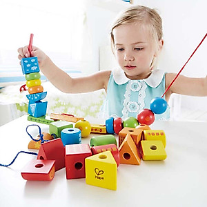 Hape String Shapes Wooden Toy Blocks in 32 Pieces, 3+ Years, Water Based Paint, String