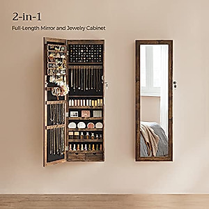 SONGMICS Mirror Jewelry Cabinet Bundle, 6 LEDs Jewelry Organizer, 47.2-Inch Lockable Wall or Door Mounted Jewelry Armoire with Mirror, 2 Drawers, White and Rustic Brown UJJC93W and UJJC93CB