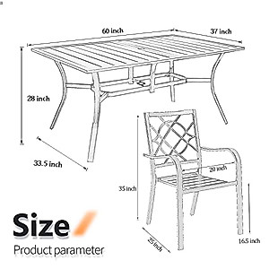 Oakcloud 7-Piece Patio Dining Set, Outdoor Metal Furniture Dining Table Set 6 Stackable Patio Dining Chairs and Rectangle Dining Table with Umbrella Hole, Black
