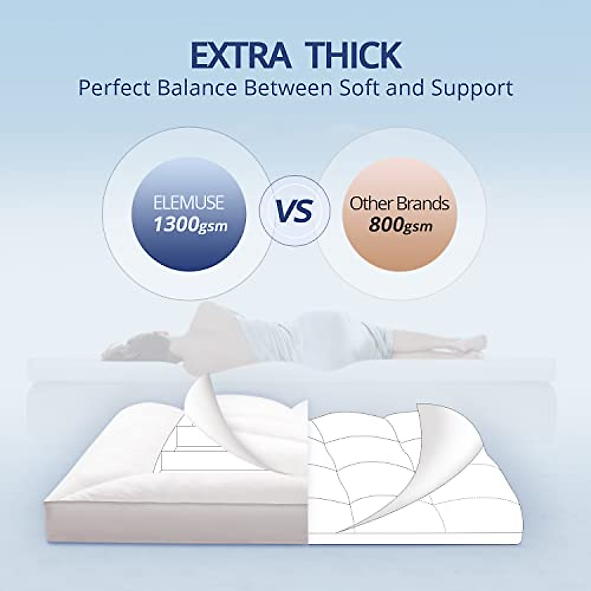 ELEMUSE Extra Thick Cooling King Mattress Topper, 1300 GSM Overfilled Pillow Top with Baffle Box Design, Hand Made 400TC Organic Cotton Pad Cover, Plush & Support Snow Down Alternative, Hotel Quality