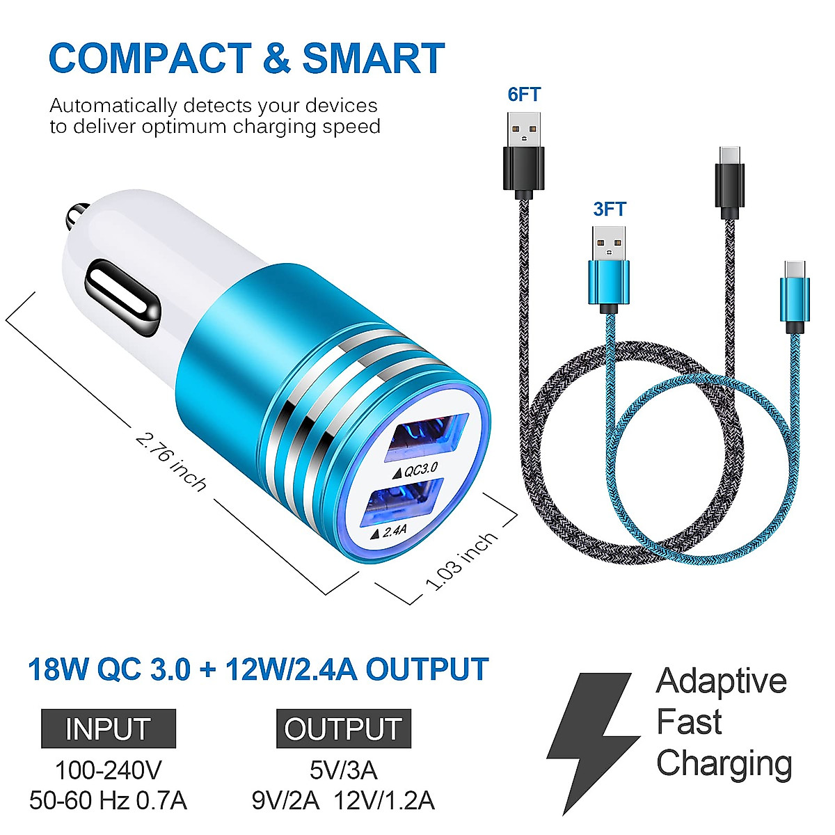 Quick Charge 3.0 Fast Charger for Samsung Galaxy S24 S23 S22 S21 Ultra S20 S10E S10 A15 A54 A03S A23 A13 A14 A53 A12 A32 A21 A51 S9 S8 Note 20,Fast Charging Block Wall Car Charger+3FT 6FT USB C Cable
