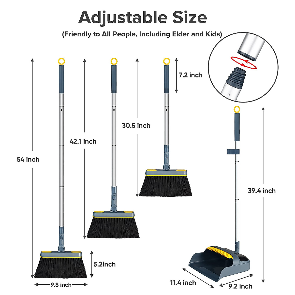 DALIPER Broom and Dustpan Set with Aluminum 54 Inches Long Handle, 180 Degree Swivel Broom and Upright Dust Pan with Hair Scraper for Home, Kitchen, Office, Outdoor, Indoor