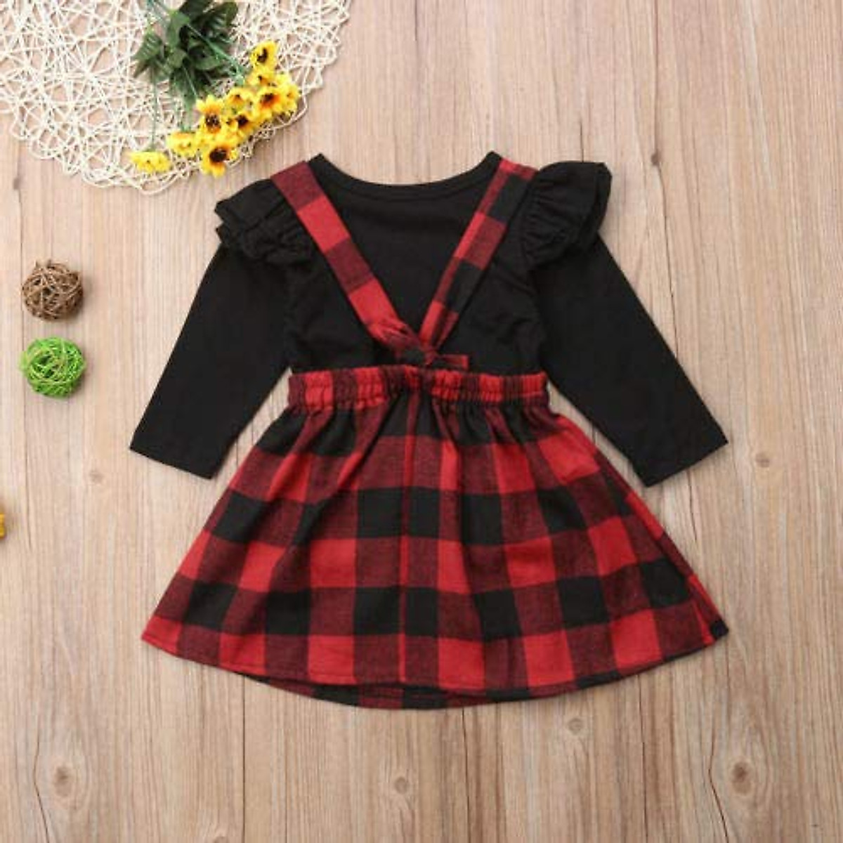 Mubineo Toddler Baby Girl Infant Plain T Shirts Plaid Overall Skirt Set Cotton Outfits (Black+Red, 6 Years)