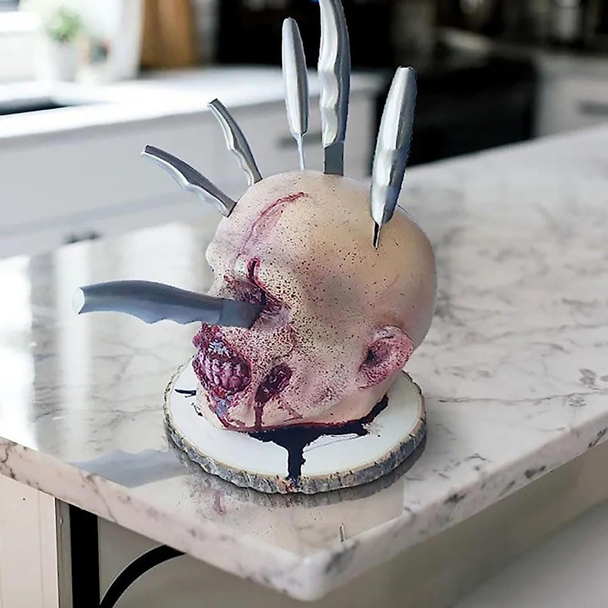 Halloween Knife Block, Quirky Counter Fruit Knife Holder, Creepy Bloody Skeleton Head Knife Storage Stand, Gothic Home Kitchen Decor, Horror Party Ornament Gag Gift for Halloween/Christmas/Birthday