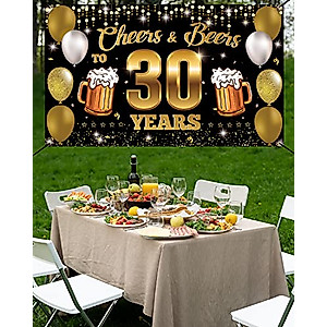 HTDZZI Cheers & Beers to 30 Years Backdrop Banner, Happy 30th Birthday Decorations for Men Women, 30th Anniversary Decor, Black Gold 30 Year Old Birthday Party Sign Poster Supplies, 6.1ft x 3.6ft