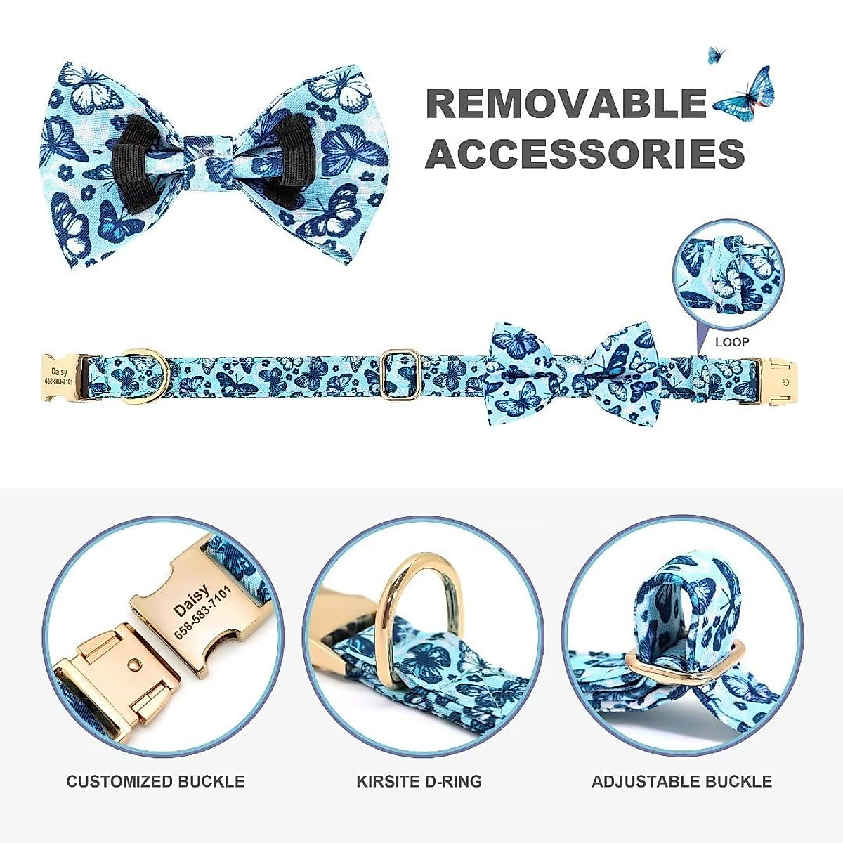 KINYABLUE Floral Pattern Cute Dog Collar for Large Dogs, Personalized Custom Dog Collars with Name, Soft Cotton Fall Dog Collar Girl with Detachable Bowtie & Flower, L (14-24")