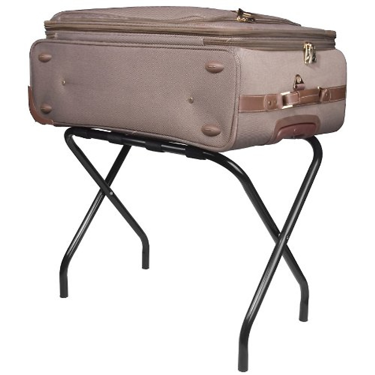 King's Brand Furniture-Black Metal Foldable Luggage Rack Stand with Nylon Belts