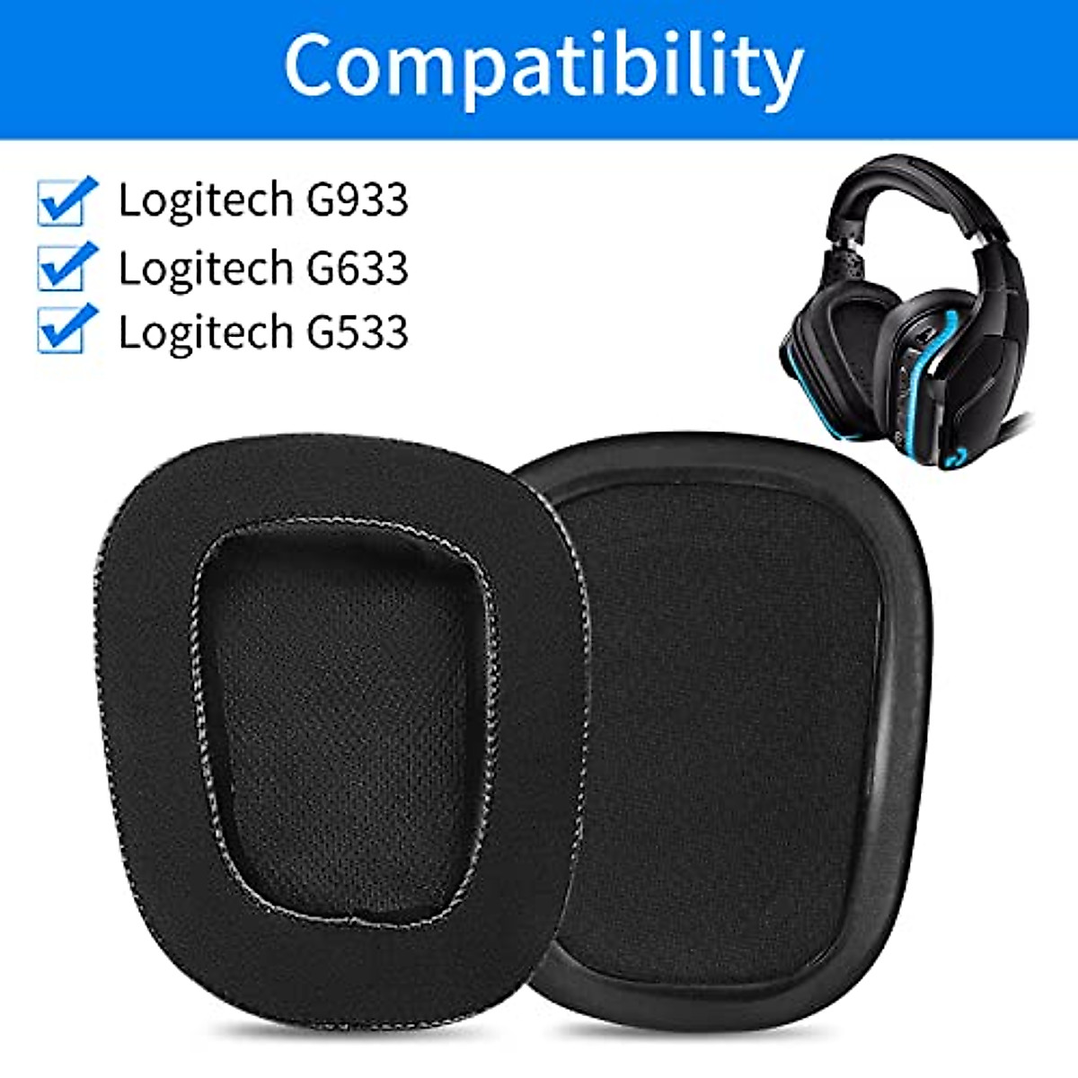 JHK Replacement Ear Pads for L ogitech G633 G633S G933 G933S G533 G935 G635 Headphones - Replacement Ear Cushions Memory Foam Earpads Cushion Cover for Headphones-Black Ice Gel Leather