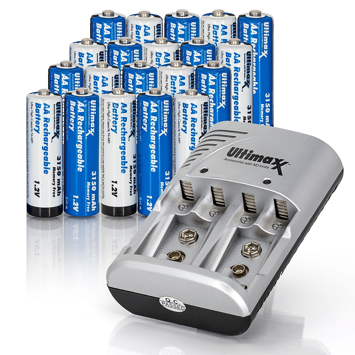 Ultimaxx 3150 mAh Rechargeable AA Batteries, Double A Battery - 20 Pack with NiMH Charger