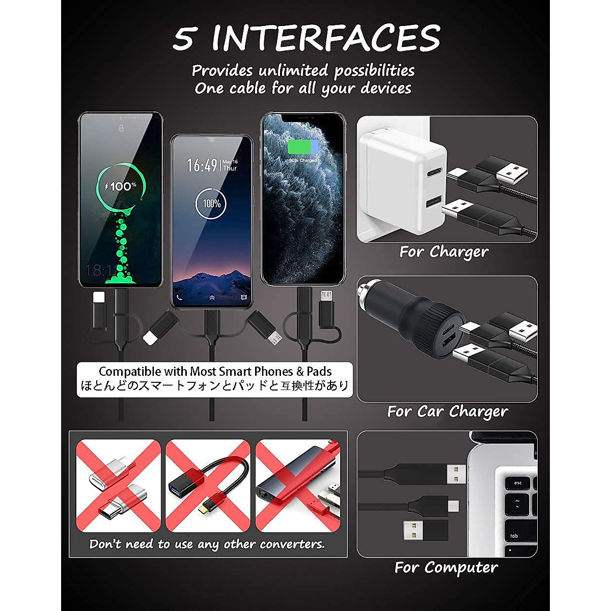 OUGIC USB C Multi Charging Cable (3ft), 5-in-1 PD 60W & QC3.0 20W, USB A/C to Type C/Phone/Micro USB, Compatible with Galaxy S21 Fold3 and More - Nylon Braided 1M