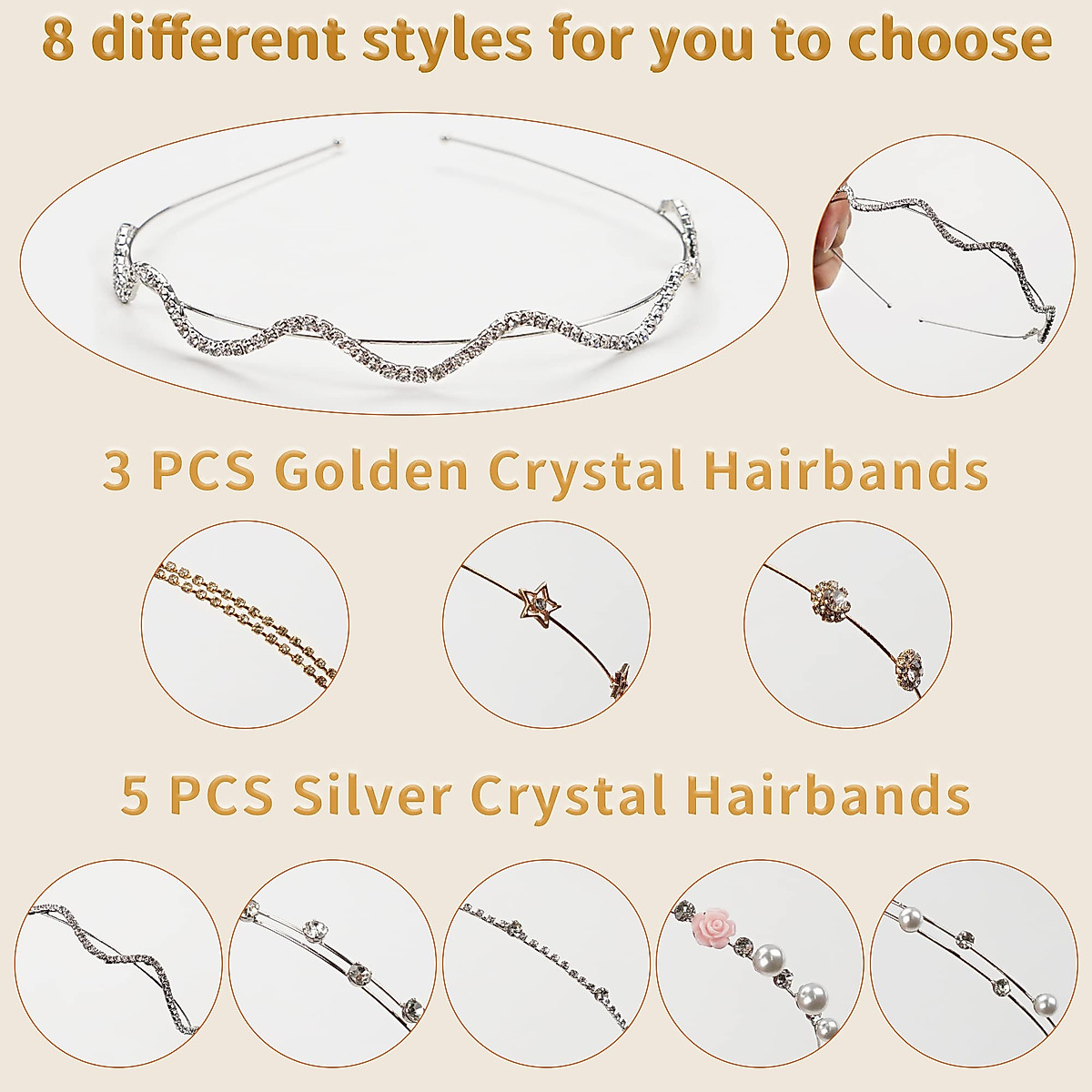 Yxiang 8PCS Crystal Headbands for Women, Pearls Flower Hairbands Fashion Rhinestone Headband Gold Sliver Metal Decorative Headpiece Headdress Kid Girl Women Bride