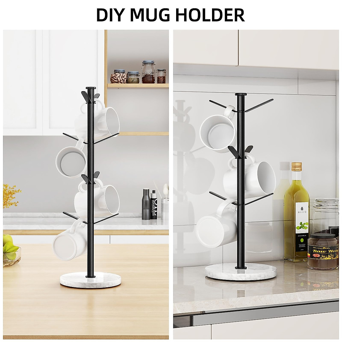 Gypie Marble Mug Holder Tree, 8 Hooks Coffee Cups Stand, New Upgraded Stable Mug Stand for Kitchen Counter Cabinet Cafe Black