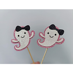 Ghost Cupcake Toppers Pink Glitter, Halloween Ghost Baby Shower Cupcake Toppers Ghost Food Cupcake Picks for Pink Halloween Baby Shower Birthday Party Cake Supplies - 24Pcs