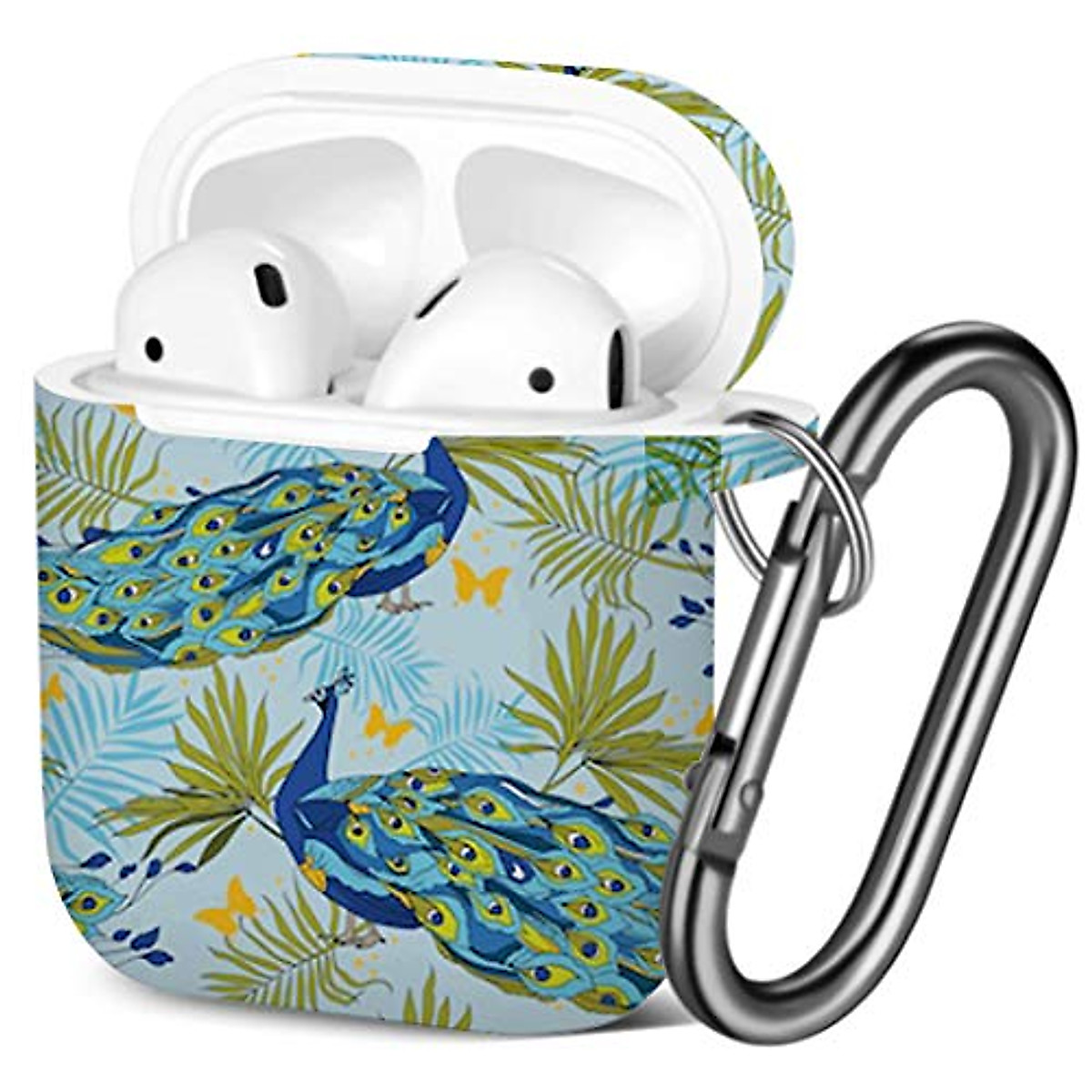 [ Compatible with AirPods 2 and 1 ] Shockproof Soft TPU Gel Case Cover with Keychain Carabiner for Apple AirPods (Beautiful Peacocks Palm)