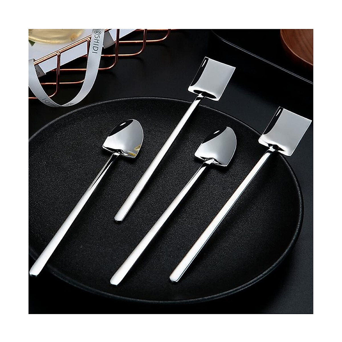 Fruit Dessert Shovel Spoons Set 4PCS, 6.8 inch Stainless Steel Mixed Dinner Teaspoon Spoons for Dessert Coffee Tea Ice Cream Fruit Cake for Home Kitchen Restaurant