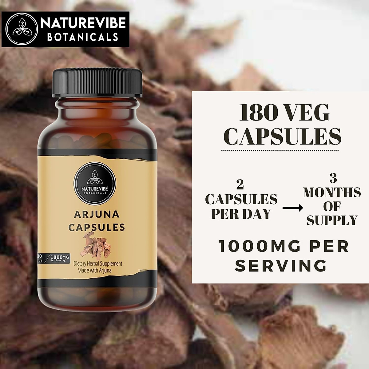 Naturevibe Botanicals Arjuna Capsules Premium 180 Veg Capsules | 1000mg Per Serving | Traditional Supplement | Made with Pure Herb Arjuna Powder