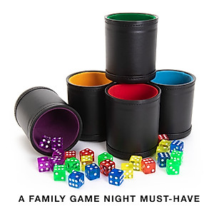 Brybelly Dice Set with Dice Shaker Cup - Perfect for Casino Dice Game - Dice Games for Family - Quality Leather Dice Cup - Poker Dice Shaker - Multicolor Dice Cups and 25 Multicolor Dice Sets