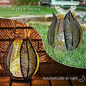 Garden Solar Lights Pathway Outdoor Palm Leaf Crackle Glass Globe Metal Flower Lights,Waterproof Garden Lights Decorations for Tabletop Patio Yards Walkway Party