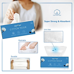 Charmyth Extra Thick Disposable Face Towel, Disposable Makeup Removing Wipes, 100% USA Cotton and 100% Organic & Cruelty Free, Lint-Free Cotton Tissues for Sensitive Skin 1 Count (Pack of 100)