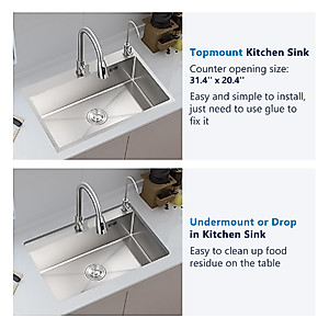 DuyviSteil 33x22 Inch Topmount or Drop In Kitchen Sink Worktation 16 Gauge Stainless Steel Single Bowl Kitchen Sink with Drainpipe