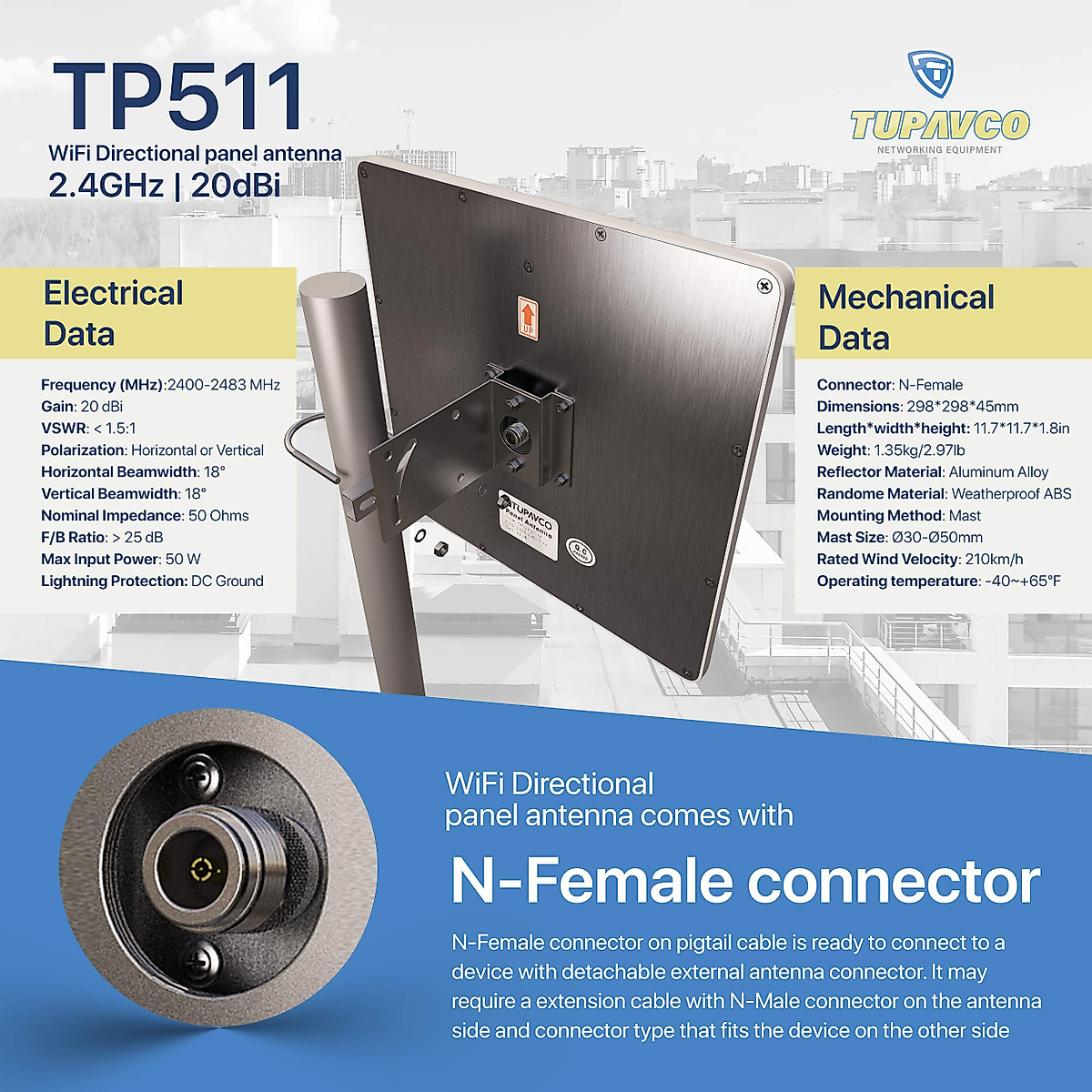 Tupavco TP511 WiFi Panel Antenna 2.4GHz (20dBi) Outdoor Directional (2400-2483 MHz) Wireless Network Signal (Pole Mast Mount) Weatherproof High-Gain Long Distance Range (N-Female Connector)