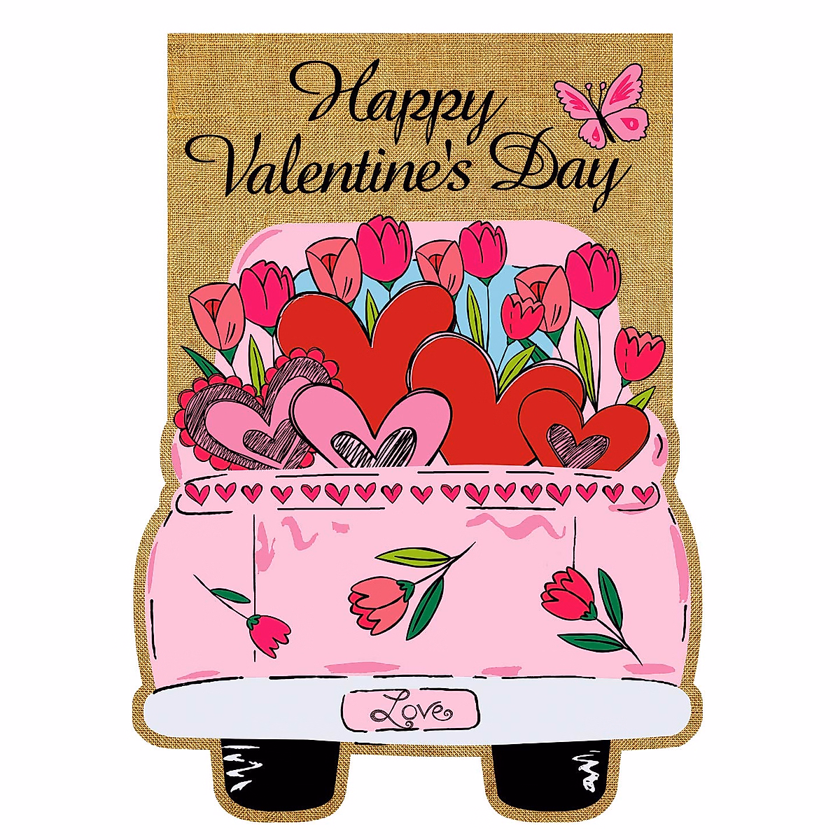 Texupday Happy Valentine's Day Double Sided Burlap Garden Flag Love Heart Floral Pink Truck Butterfly Decoration Outdoor Flag 12" x 18"