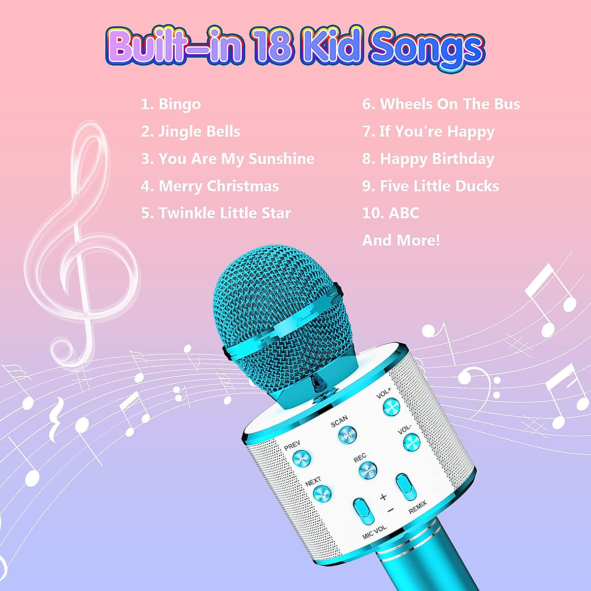 Kingci Kids Microphone, Girls Toy Microphones for Toddler Singing Bluetooth + 18 Pre-Loaded Nursery Rhymes, Birthday Gifts Toys Microphone for 3 4 5 6 7 8 9 10 12 Year Old Girls Boys