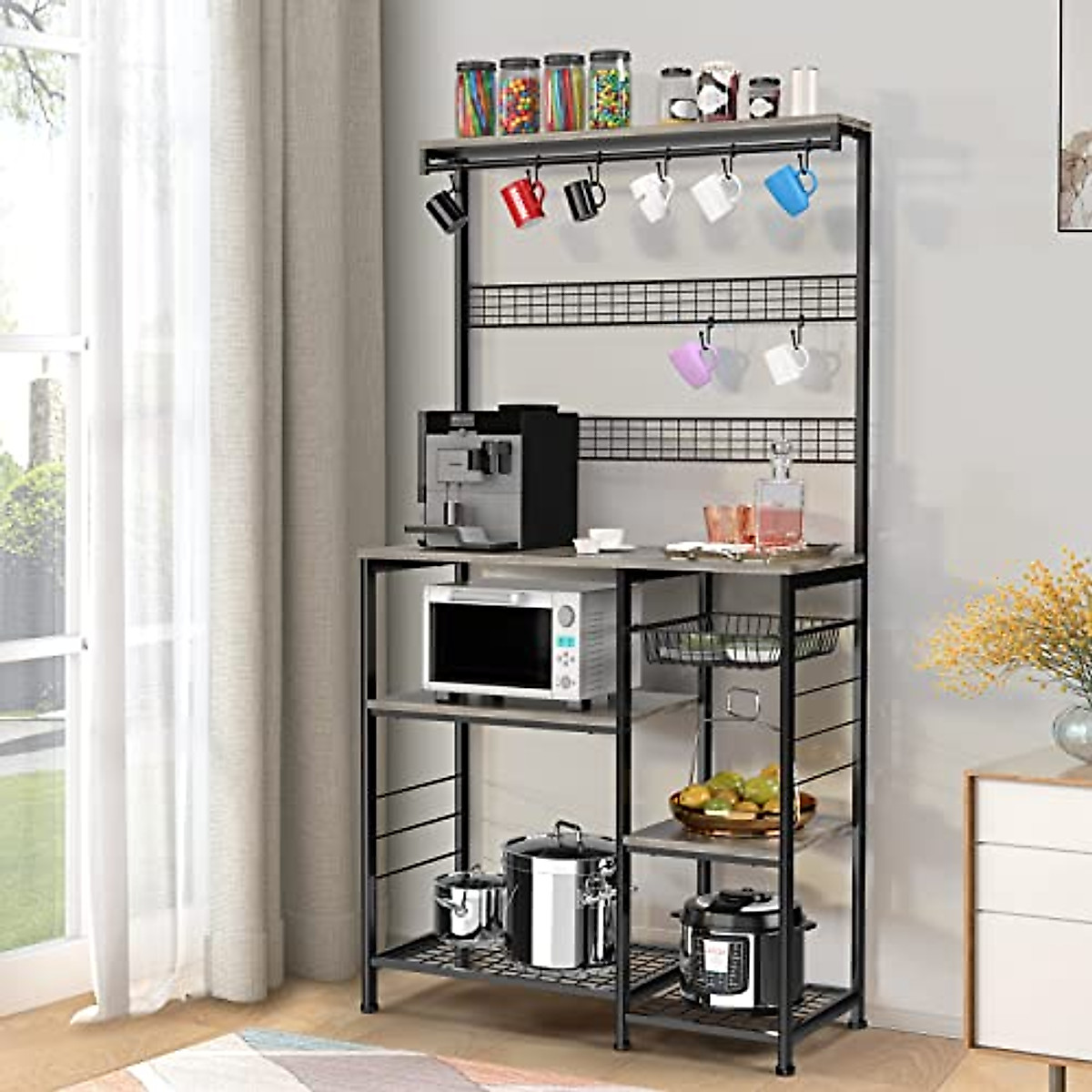 X-cosrack Kitchen Baker's Rack, 68inch Microwave Oven Stand with Pull-out Wire Basket, 8 Hooks + 15 S Hooks,3 Tier + 4 Tier Utility Storage Shelf with Mesh Panels for Utensils, Pots, Pans, Spices