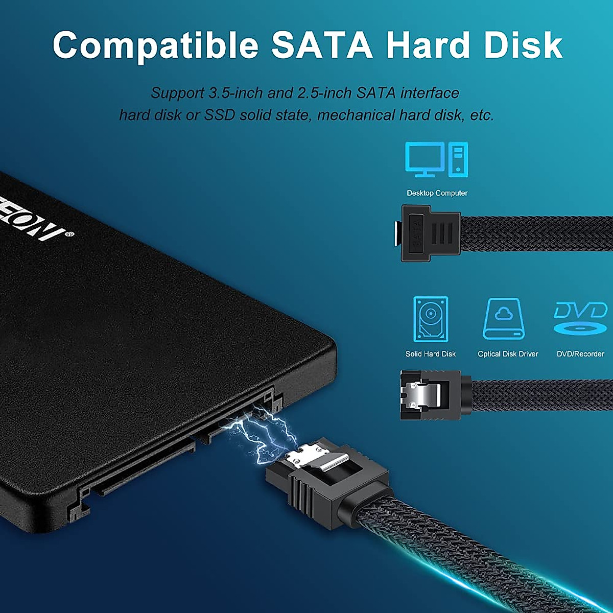 ELECTOP SATA III Cable, 6Gbps 90 Degree Right Angle HDD SDD Data Cable, SATA 3.0 Nylon Braided Cable with Locking Latch for SATA HDD, SSD, CD Driver, CD Writer(20 Inch, Black,5 Pack)