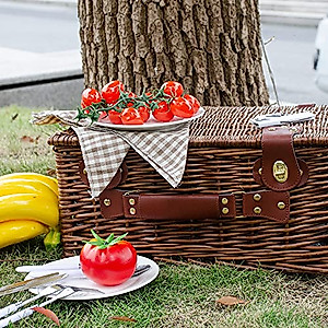 SatisInside Picnic Basket for 2 Wicker Picnic Set with Insulated Liner for Camping,Wedding,Valentine Day,Gift - Reinforced Handle, Coffee