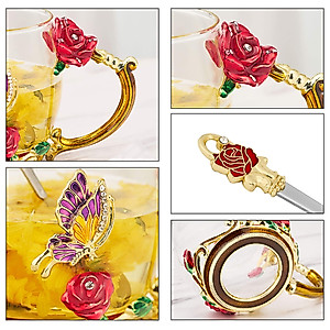 JLTPH Enamel Flower Glass Tea Cup, Clear Lead-Free Coffee Mugs with Spoon Cleaning Cloth, Tea Cup with Elaborate Handle for Women Birthday Valentines Wedding Day Mother's Day Gifts