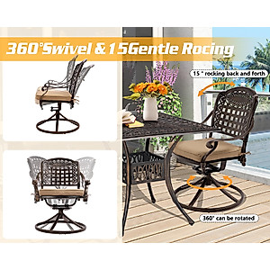 USSerenaY 5-Piece Outdoor Dining Set Cast Aluminum Patio Furniture Set All-Weather 4 Chairs and Dining Table with Umbrella Hole for Garden, Backyard (Braided+Khaki Cushion, Square Table)